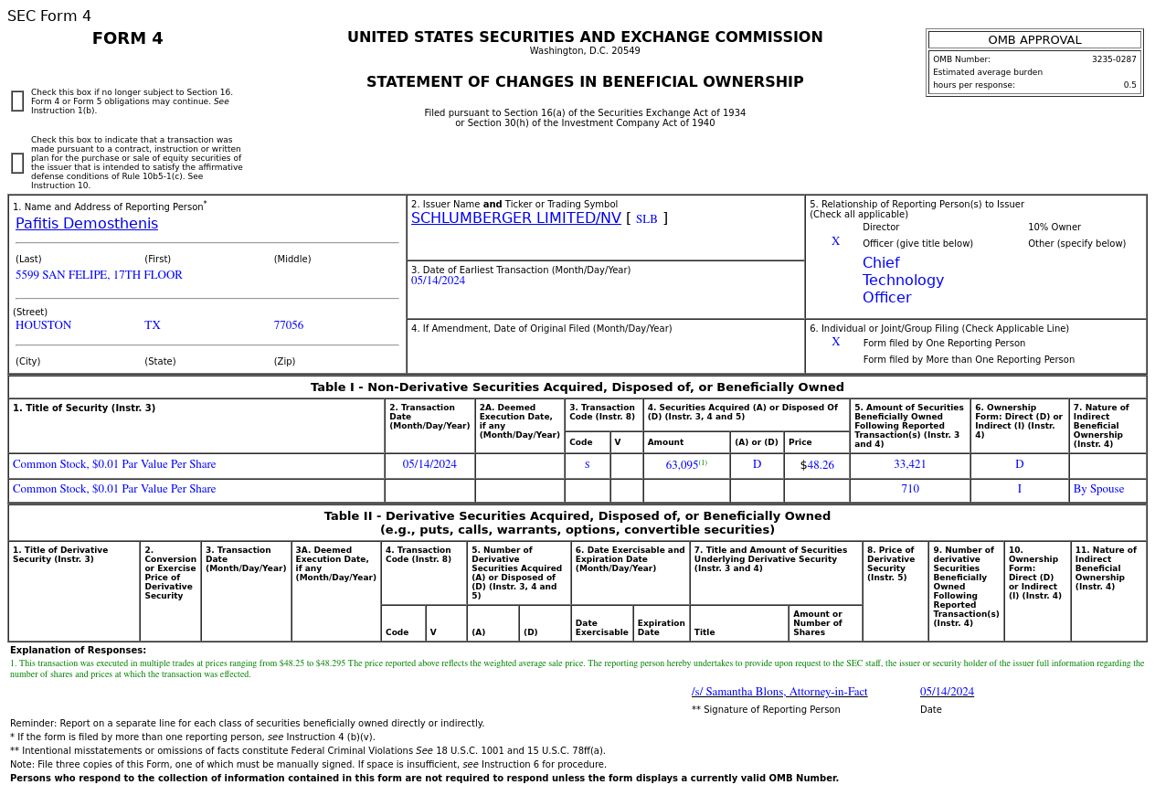 斯伦贝谢(SLB.US)Pafitis Demosthenis售出6.31万股普通股股份，价值约304.5万美元