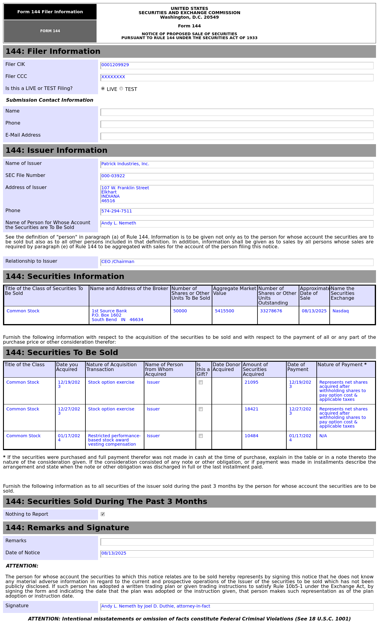 Form 144 | Patrick Industries(PATK.US)关联方拟出售5万股股份，价值约541.55万美元 - Moomoo