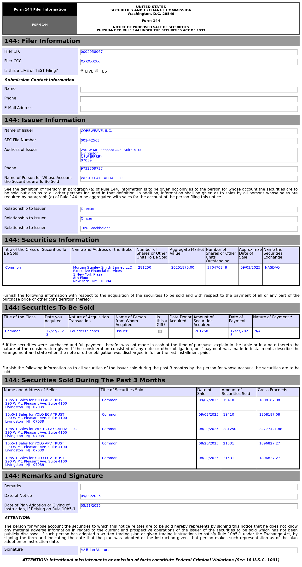 Form 144 | CoreWeave(CRWV.US) Director Proposes to Sell 26.25 Million ...